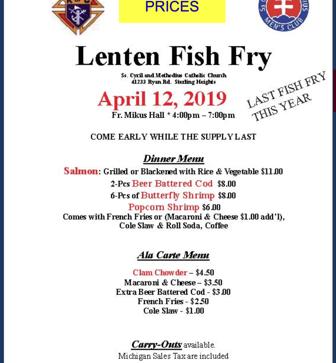 fish fry – SS. Cyril and Methodius Parish